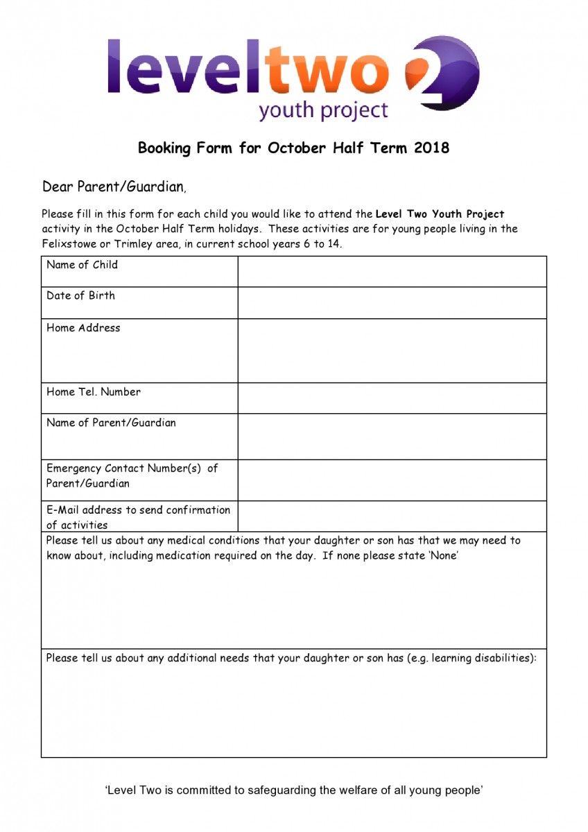 Booking Form for October Half Term 2018 - Level Two